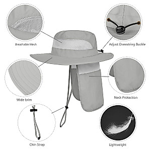 LCZTN Mens UPF 50+ Sun Protection Safari Cap Wide Brim Fishing Hiking Hat with Neck Flap for Garden Work (2 Pack-Light Grey＆Light Grey)