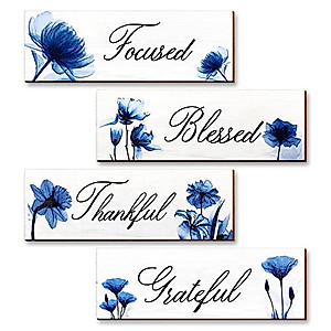Blue Wall Decor for Living Room 4 Pieces - Focused Grateful Blessed Thankful Wood Signs, MONKLE Flowers Wall Art Decor Wooden Hanging Plaques, Floral Art Decorations for Home Kitchen Living Room