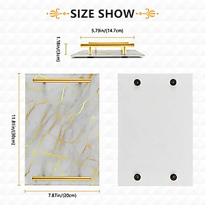 Vanity Tray White Marble with Golden Decorative Tray Bathroom Acrylic Jewelry Perfume Trays with Handle Makeup Dresser Cosmetic Bedroom Kitchen, 12x8 in