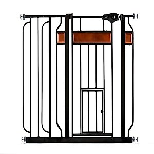 Carlson Home Design Extra Wide Walk Thru Pet Gate with Small Pet Door, Includes Décor Hardwood, 4-Inch Extension Kit, Pressure Mount Kit and Wall Mount Kit