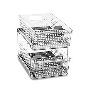 madesmart 2-Tier Plastic Multipurpose Organizer with Divided Slide-Out Storage Bins, Under Sink and Cabinet Organizer Rack, Clear