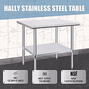 Hally Stainless Steel Table for Prep & Work 30 x 36 Inches, NSF Commercial Heavy Duty Table with Undershelf and Galvanized Legs for Restaurant, Home and Hotel