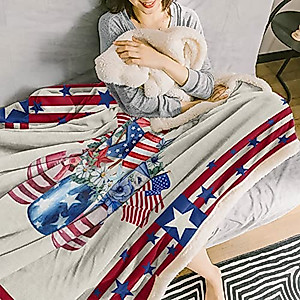 LEOKOTI 4th of July Spring Floral Ultra Warm Sherpa Blankets Throw, Red Stripes Star Independence Day Durable Double-Side Fluffy Baby Throw Blanket for All Seasons Throw Size 50" x 60"