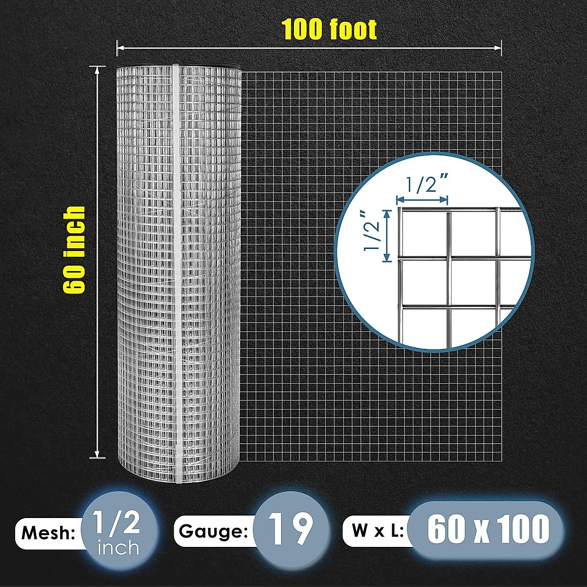 GoldPeak Hardware Cloth, 60 inches x 100 feet with 1/2 inch Mesh 19 Gauge - Chicken Wire Fencing Galvanized Wire Mesh Roll Gopher Wire Raised Garden Bed Rabbit Wire