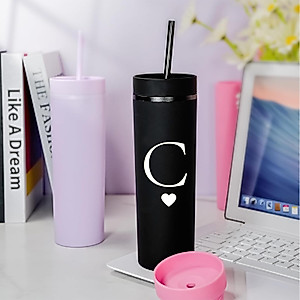 Forest Kiss Letter C Personalized Initial Gifts for Women Men 16oz Double Wall Food-grade Plastic Skinny Tumbler Monogrammed Matte Slim Cup Wedding Graduation Birthday Present (C)