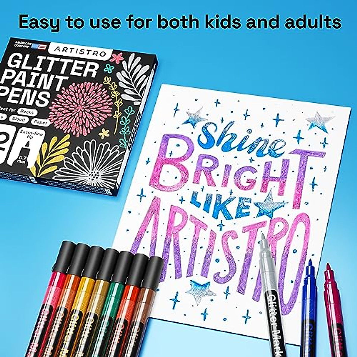 Glitter Paint Pens for Rock Painting, Stone, Ceramic, Glass, Wood, Fabric, Scrapbooking, DIY Craft Making, Art Supplies, Card Making, Coloring. Set of 12 Acrylic Glitter Markers Extra-Fine Tip 0.7mm