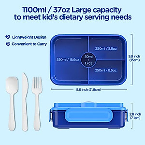 Jelife Bento Lunch Box for Kids - Leakproof Large Bento-Style Bento Boxes with 4 Compartments Portions Lunch Box with Tableware for Kids Back to School, Reusable On-the-Go Meal and Snack Packing, Blue