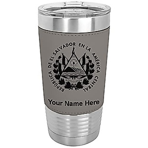 LaserGram 20oz Vacuum Insulated Tumbler Mug, Flag of El Salvador, Personalized Engraving Included (Faux Leather, Gray)
