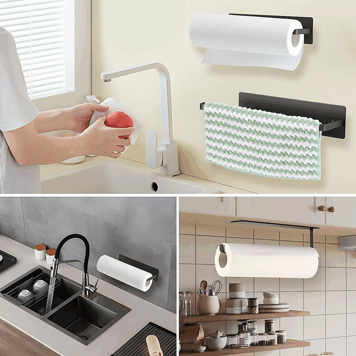 2 Pack Paper Towel Holders Under Cabinet, Self-Adhesive Paper Towel Bar,Paper Towels Rolls Holder Under Counter Wall Mount for Kitchen Bathroom Cabinets Towel Rack Stainless Steel - 13.2'Silver