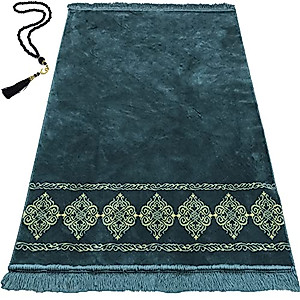 Modefa Turkish Islamic Prayer Rug - Large & Wide Soft Velvet Janamaz - Comfortable Muslim Praying Mat for Men & Women - Ramadan or Eid Gift - with Prayer Beads Tesbih - Grand Plush (Teal)