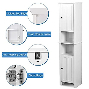 Unovivy Tall Bathroom Storage Cabinet Floor Standing Freestanding Linen Tower with 2 Doors & 6 Shelves, 15.7X 11.8X 66.9 Inches, for Living Room, Kitchen, White