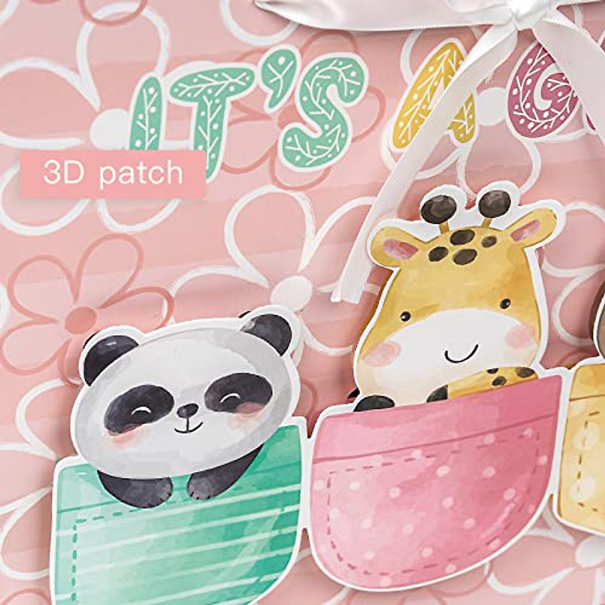 Loveinside Baby Girl Gift Bag Pink Animal Design with Tissue Paper and Greeting Card for Baby Shower, New Parents, and More - 13" x 10" x 5", 1 Pcs