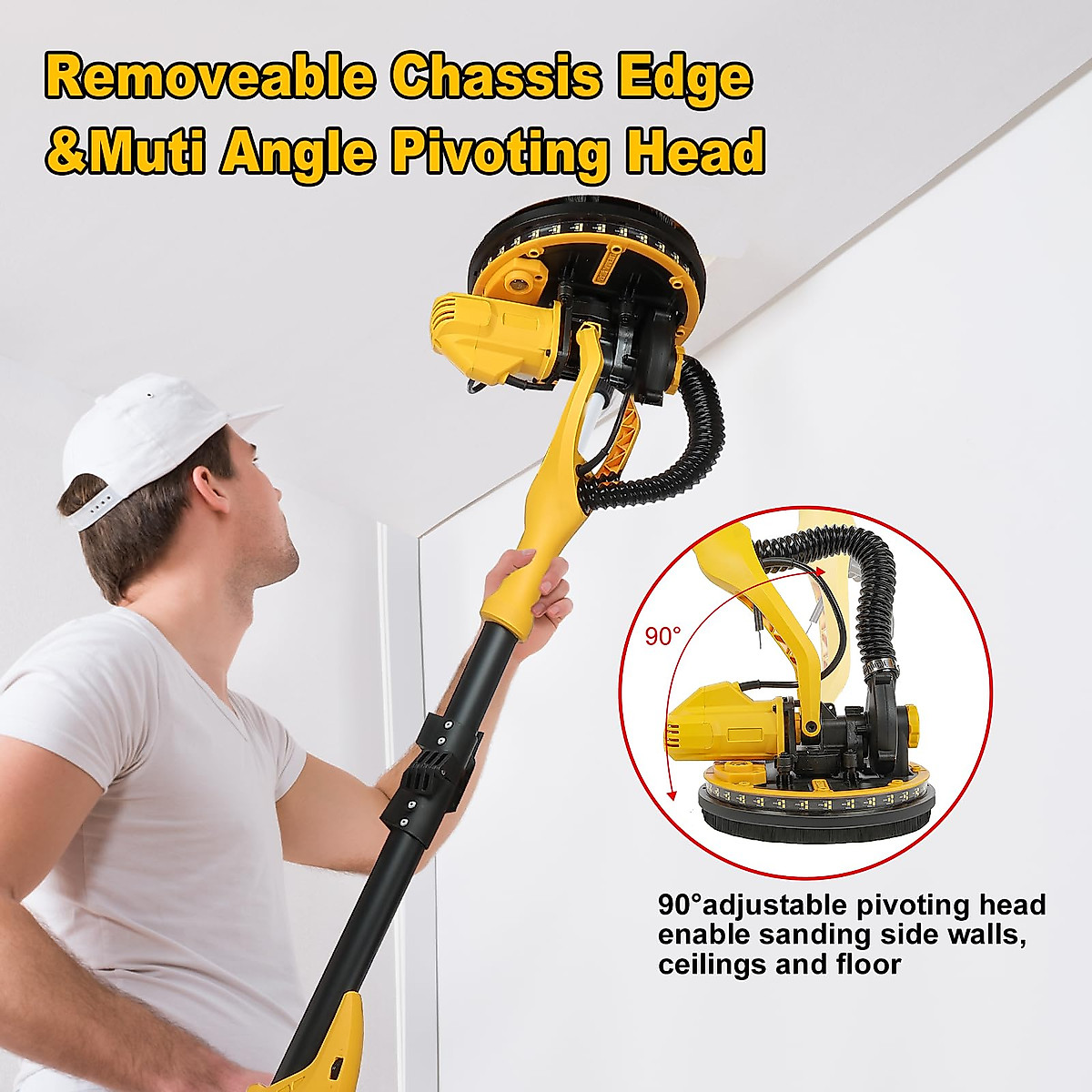 Drywall Sander,950W Electric Drywall Sander with Vacuum, Popcorn Ceiling Removal Tool with Variable Speed 800-2100RPM,Floor Sander with Foldable Handle, 16 Sanding Discs,Pure-Copper Motor (Yellow)