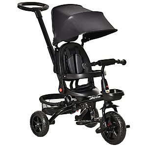 Qaba Kids Tricycle 4 in 1 Trike with Reversible Seat, 2.8'-3.1' Height Push Handle, Canopy, Handrail, Safety Belt, Storage Footrest Brake Clutch, for 1-5 Years Old, Black