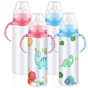 TrelaCo 4 Pcs 8 oz/ 240 ml Baby Bottle Stainless Steel with Pink and Blue Handle Sublimation Blank Kids Stainless Steel Tumblers Anti Drop Baby Bottle Stainless Steel Toddler Water Insulated Cups