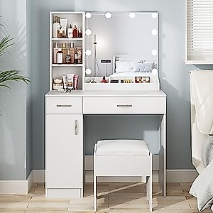 Fameill White Vanity Desk with Mirror and Lights,Makeup Vanity with 2 Drawers Lots Storage,Vanity Table with Lighted Mirror,3 Lighting Colors, Brightness Adjustable,35in(L)