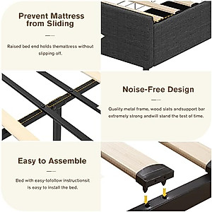 Lumelay Queen Bed Frame with 4 Storage Drawers, LED Bed Frame with Charging Station and Adjustable Tall Bookcase Headboard, Upholstered Mattress Foundation, No Box Spring Needed, Dark Grey