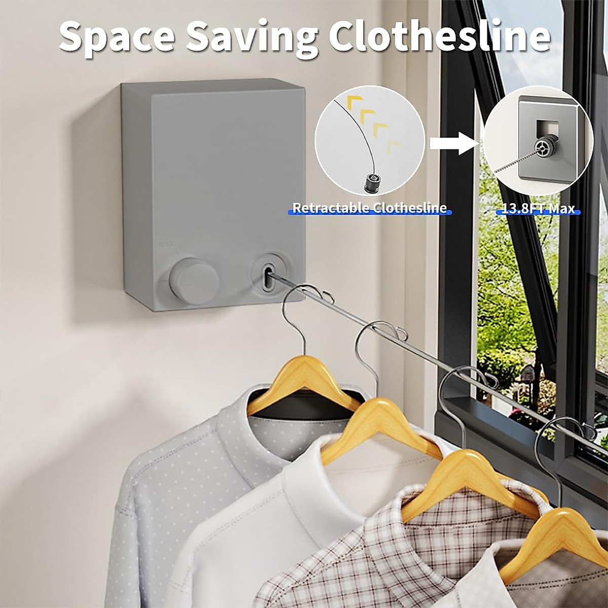 Retractable Clothesline, Indoor Outdoor Clothes Line, Heavy Duty Clothes Drying Laundry Line with 13.8 Ft Steel Wire, Retractable Indoor Clothes Lines for Drying, Hanging for Bathroom, Balcony, Hotel