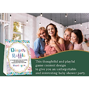 Diaper Raffle Baby Shower Game Set(1 Standing Sign + 50 Guessing Cards), Mermaid Theme Diaper Raffle Tickets for Baby Shower, Under The Sea Baby Shower Party Favor Decor - B16