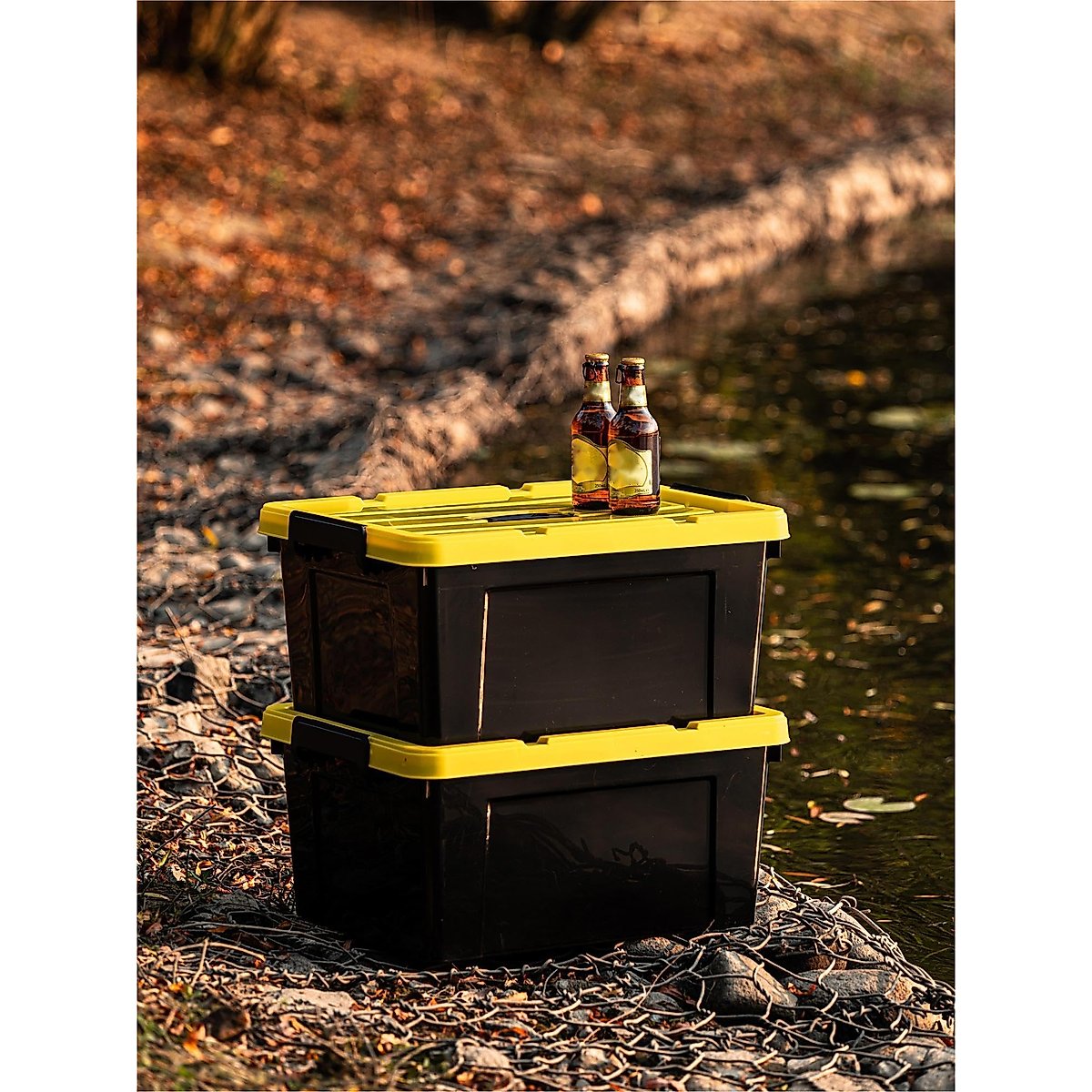 Cetomo Plastic Storage Bin Box Container Stackable with Lid and Secure Latching Buckles, Black, 40Qt x 4, Pack of 4