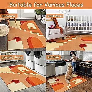 Lahome Abstract Low Pile Kids Room Area Rug - Orange Minimalist 3x5 Playroom Rug, Modern Building Soft Non-Slip Non-Shedding Mat Machine Washable Carpet for Entryway Nursery Office Living Room Bedroom