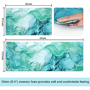 BLEUM CADE 2 PCS Kitchen Rugs and Mats Teal Marble Kitchen Mats for Floor Anti Fatigue PVC Waterproof Leather Runner Rug Non Slip Cushioned Standing Mat for Sink Laundry 17.3''x30''+17.3''x47''