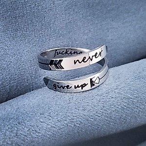 Vrycot Adjustable Stainless steel Silver Never give up Ring Inspirational Opening Stacking Cute Hiphop Bands