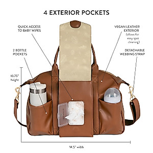 TWELVElittle Peek A Boo Vegan Leather Satchel Diaperbag - Baby Bag with Wipes Pouch, Stroller clips and Diaper Changing Mat, Toffee, Vegan Leather