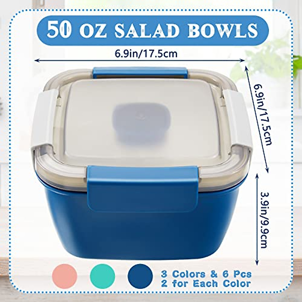 Salad Container for Lunch 50 oz Salad Lunch Container with 3 Compartment Salad Bento Box for Adult with Dressing Container Stackable Lunch Container Reusable Salad Bowl for Meal Snack Fruit (6 Pcs)