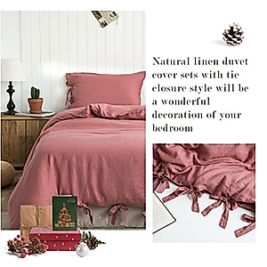 Simple&Opulence 100% Linen Duvet Cover Set, 3 Piece Belgian Flax Breathable Bedding, Queen Size 88''x92'' (1 Comforter Cover+2 Pillowshams) with Tie Closure Style, Coral-Red