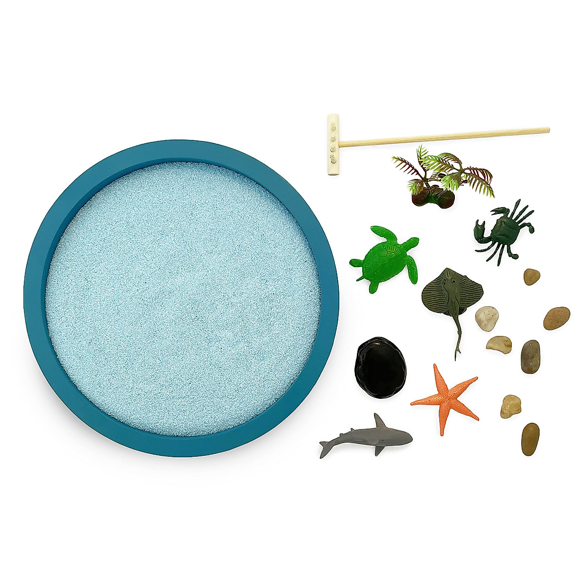 Japanese Zen Garden Mini Kit for Desk - Ocean Beach Theme - Relaxation, Meditation & Mindfulness - Gift for Birthdays, Christmas, Etc. - Includes Rake, Sand, 10+ Accessories! - Tray Diameter 8.5"