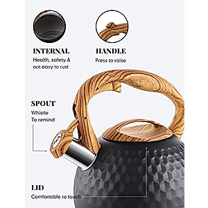 Tea Kettle, 2.7 Quart / 3 Liter BELANKO Stainless Steel Tea Kettles for Stove Top, Food Grade Teapot with Wood Pattern Handle Loud Whistling for Coffee, Milk etc, Gas Electric Applicable - Black