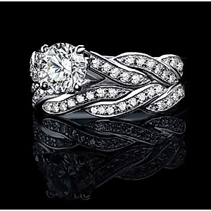 LRGKMCWTOB 2-in-1 Womens 925 Solid Sterling Silver Matching Bridal Set Wedding Engagement Rings Clear Round Cubic Zirconia Engagement Promise Bridal Silver Band Fashion Cute (US 7)