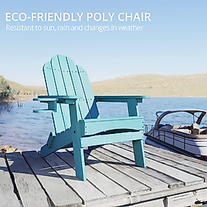 LUE BONA Folding Adirondack Chair Set of 4, Blue Turquoise HDPS Fire Pit Patio Chairs Weather Resistant, Modern Plastic Outdoor Chairs with Cup Holder