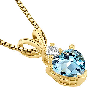 PEORA Solid 14K Yellow Gold Aquamarine with Diamond Pendant for Women, Genuine Gemstone Birthstone Solitaire, Heart Shape, 0.75 Carat total