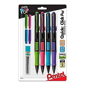 Pentel Quick Click Pop Mechanical Pencil, (0.7mm) Medium 2B Lead, with 2B Lead and (2) Eraser Refills, 4-PK (PD217ALEBP4)