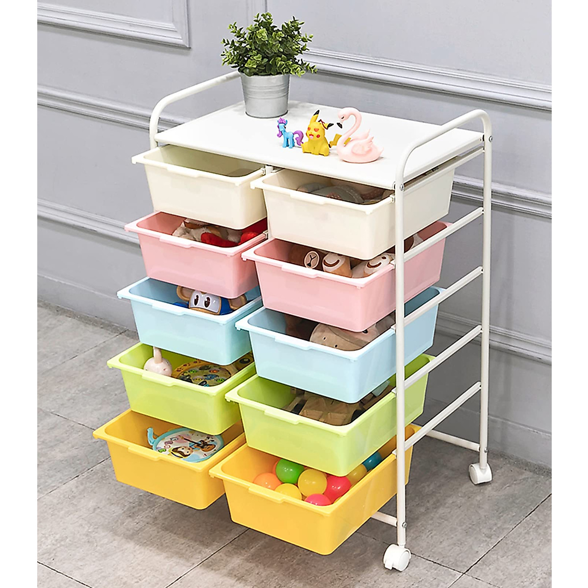 Ytaoka 10 Drawers Rolling Storage Cart, Plastic Drawer Cart with Metal Frame, Multipurpose Art Craft Cart Organizer with Wheels, Utility Cart with Drawers for Home, Office, School, Multicolor