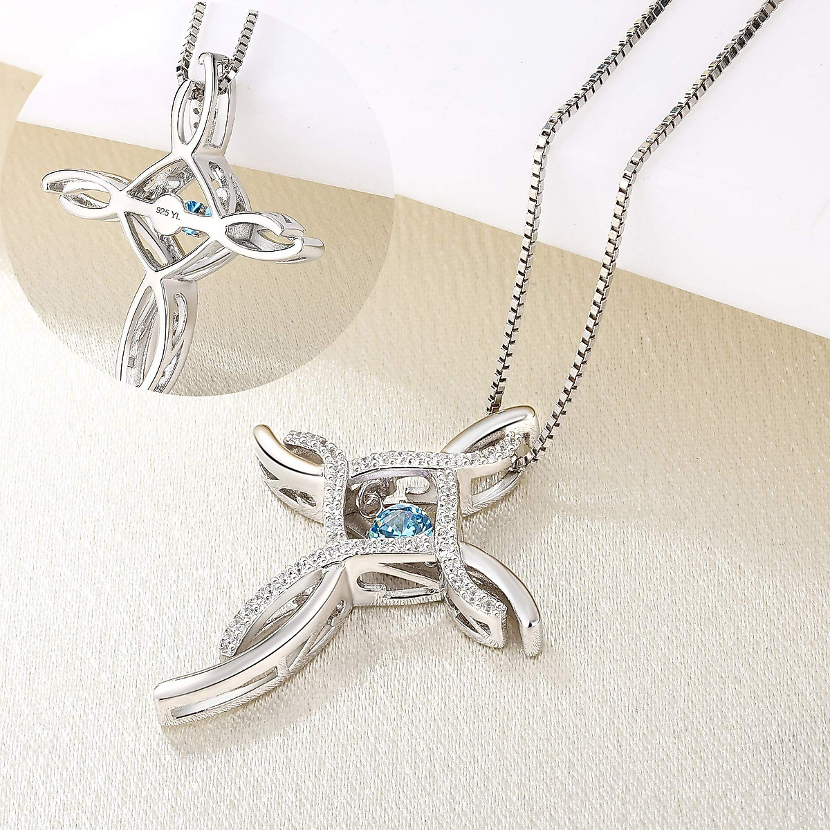 YL Celtic Knot Cross Necklace Sterling Silver Cubic Zirconia Loop Infinity Pendant Dancing Created Aquamarine Crucifix Jewelry