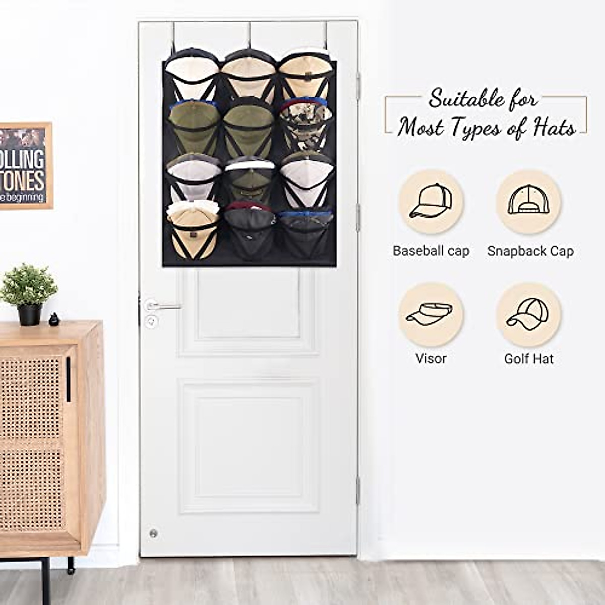 Mkono Hat Organizer Rack Closet Hanging Cap Keeper Hanger with 16 Hooks and Over-The-Door Hat Organizer with 12 Anti-Drop Pockets