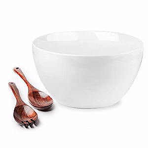 LAUCHUH 5 Quarts Porcelain Serving Bowl for Salad 10.7" Extra Large Serving Deep Bowl with Salad Spoon Set, 3 Pcs