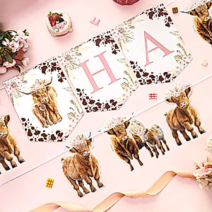 Highland Cow Birthday Decorations Girl - Highland Cow Happy Birthday Banner, Garland, Boho Retro Floral Highland Cattle Holy Cow Farm Animal Birthday Party Decorations