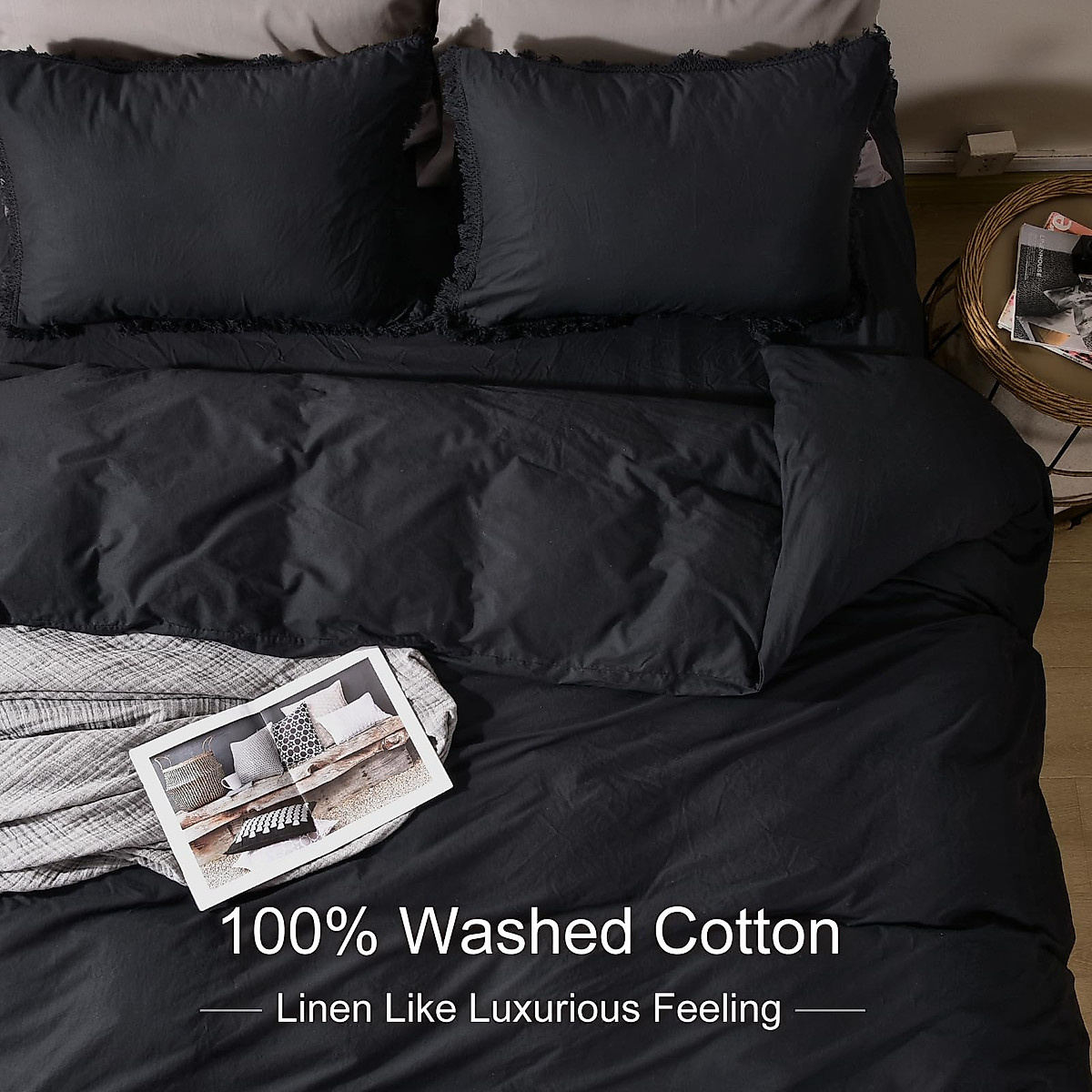 PHF 100% Washed Cotton Duvet Cover Queen Size, Ultra Soft Cotton Tassel Linen Like Duvet Cover Set, 3pcs Breathable Durable Duvet Cover with Pillowcases for All Seasons, 90"x90", Black