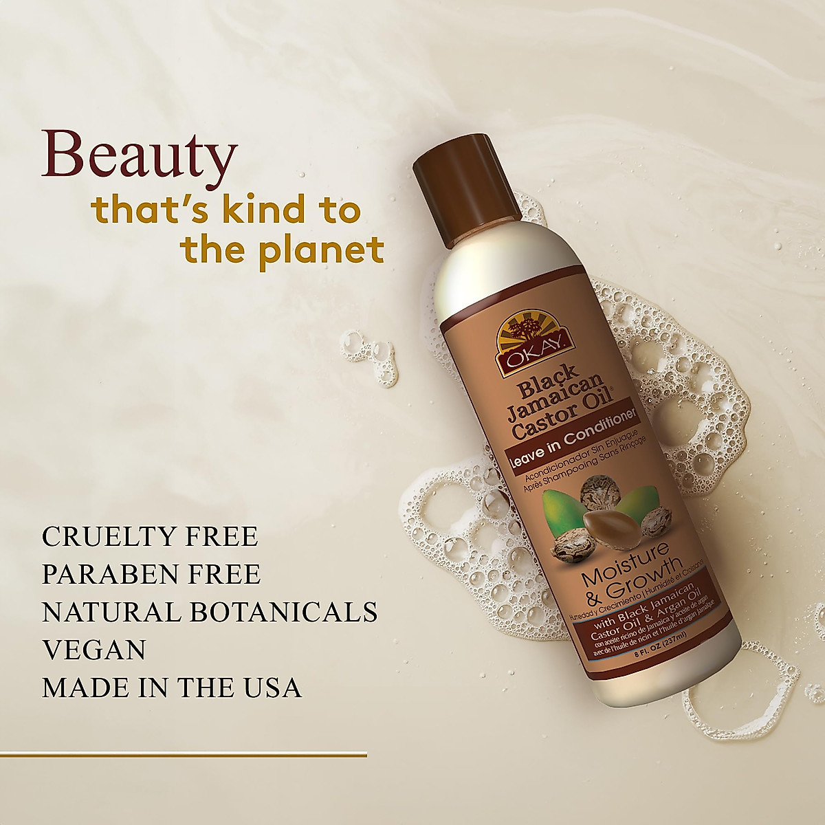 OKAY Black Jamaican Castor Oil Leave In Conditioner - Hair Moisturizer for Women and Men, Natural Hair Product for Hair Growth, Curly Hair Grease for Smooth, Moisturized Hair - 8 oz (Pack of 1)