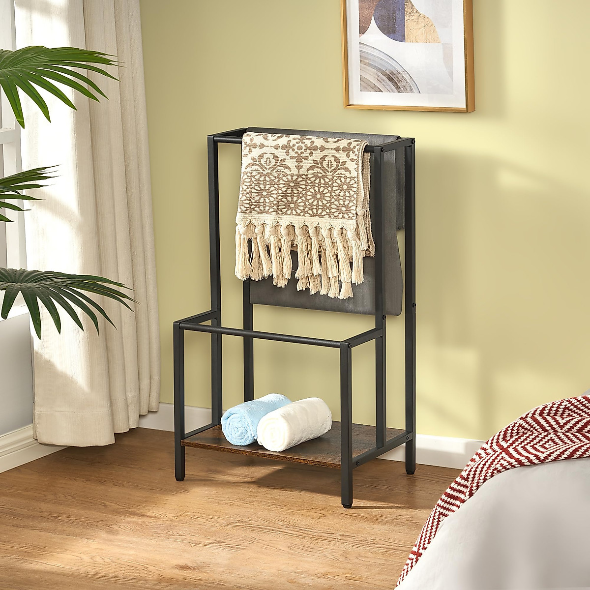 TITFVM 3 Tier Towel Rack Stand, Freestanding Blanket Rack Ladder, Industrial Blanket Stand, Display Rack for Oversized Bath Towels, 16.93"L x 11.81"W x 30.32"H, Blanket Holder with Shelf, Rustic Brown