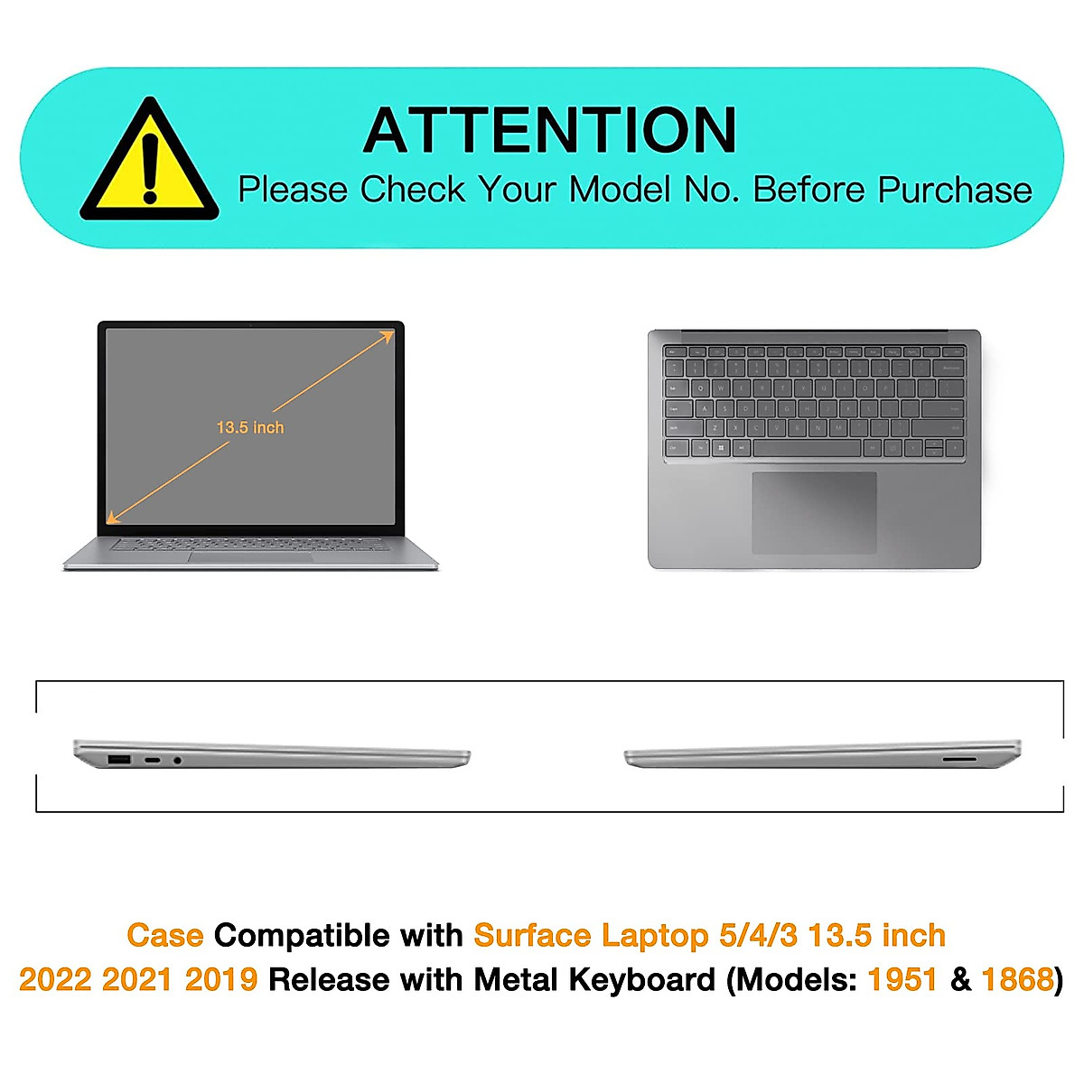 MOSISO Case Compatible with Surface Laptop 5/4/3 13.5 inch 2022 2021 2019 Release with Metal Keyboard (Models: 1951 & 1868), Protective Plastic Hard Shell Case Cover, Black