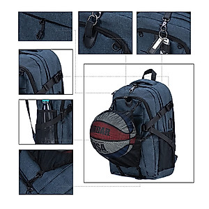 Widfre Basketball Backpack with USB Charging Port, Durable Men's Laptop Backpack for Outdoor with Ball Compartment (Navy)