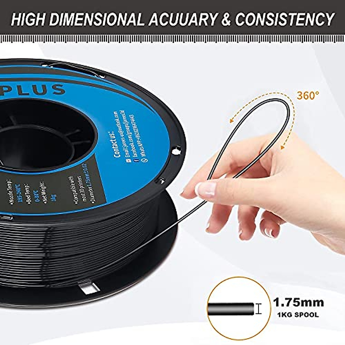 JAREES PLA Plus(PLA+) 3D Printer Filament,Higher Toughness PLA Pro Printing Filament 1.75mm 1kg Spool (2.2lbs), Dimensional Accuracy +/- 0.02 mm,Black