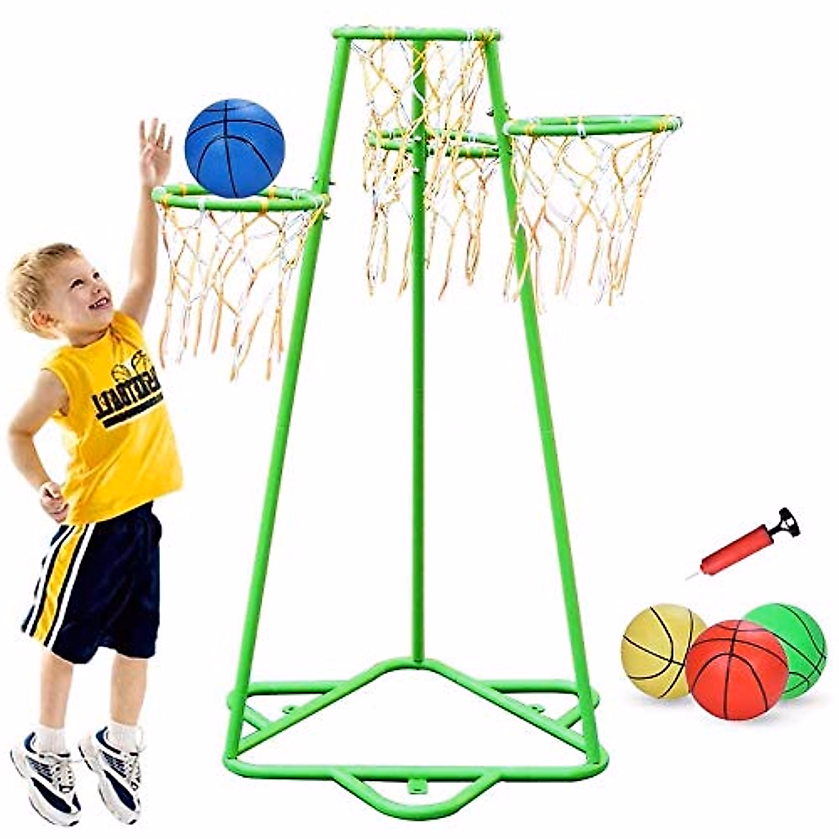 TERMATION Kids Basketball Hoop Portable Basketball Stand with 4 Hoops at Varying Heights and 3 Balls Toy Set for Age 3 Years and Up for Toddlers Indoor and Outdoor Sport Games (Green)