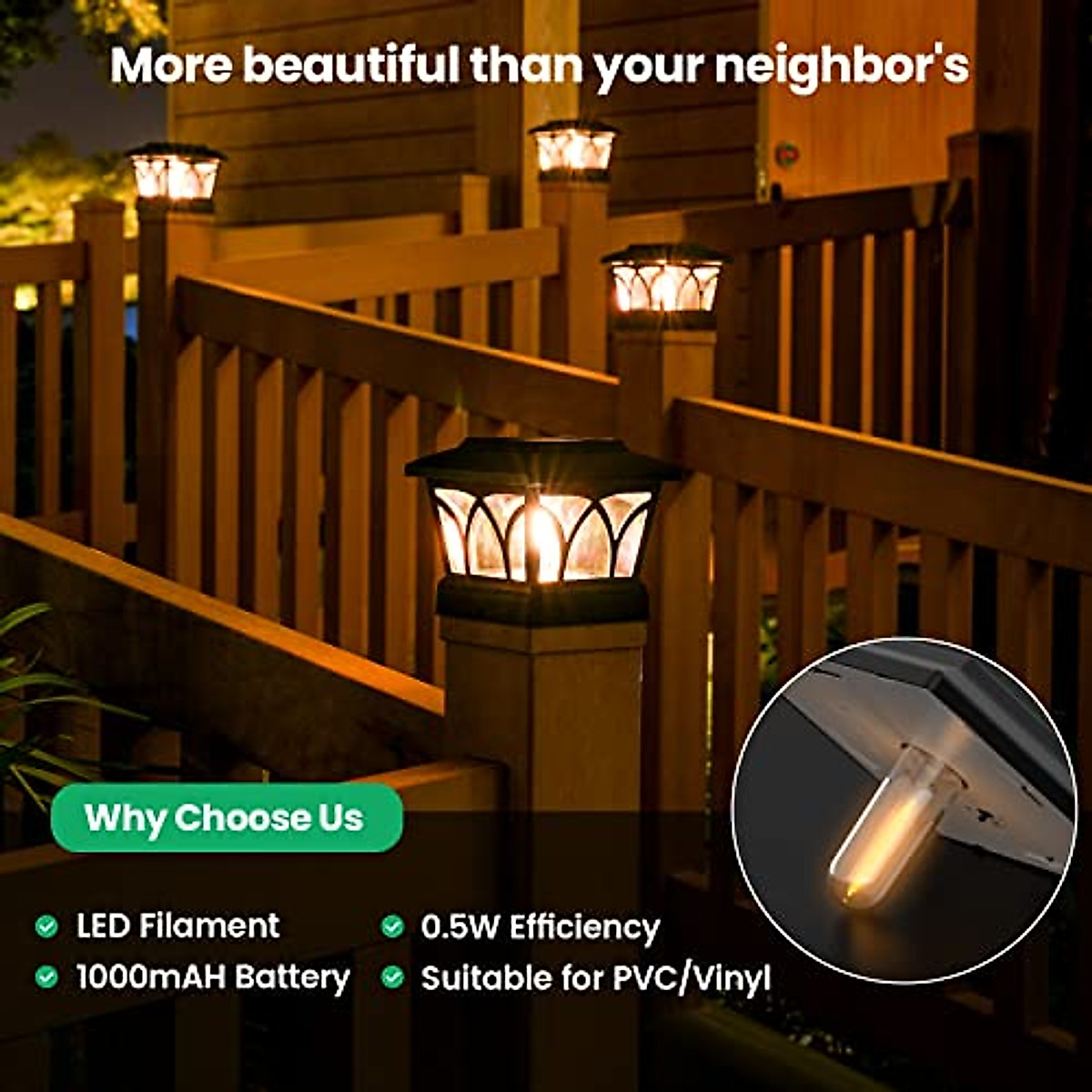 APONUO Solar Post Cap Lights Filament 1000mAh,4x4 Post Solar Lights 2 Brightness Levels 8/16LM Waterproof Solar Fence Post Lights for 4x4,6x6 Posts Caps Wood,4x4 Vinly Post Caps,Black,4 Pack