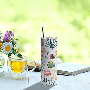 Tumbler with Lid and Straw Cartoon Water Plants and Fish thermos coffee travel mugcute cups 20 oz insulated tumbler for Daily Holiday Decor Gift coffee cup
